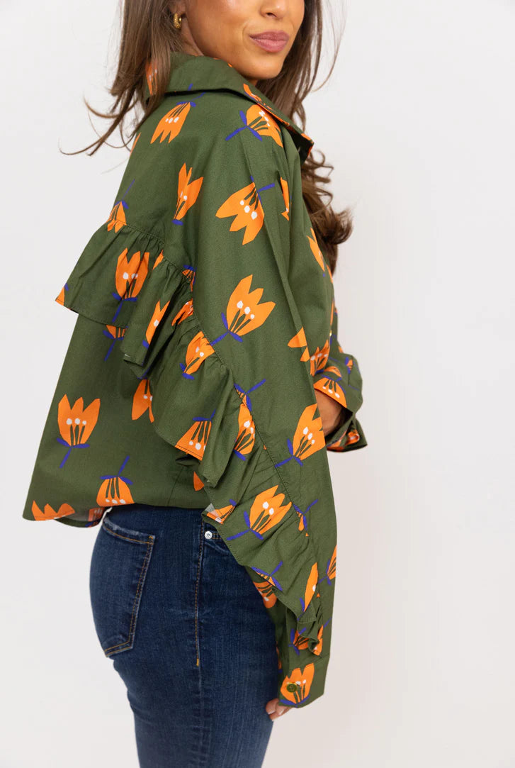 Poplin Poppy Ruffle Back Button Up-Olive